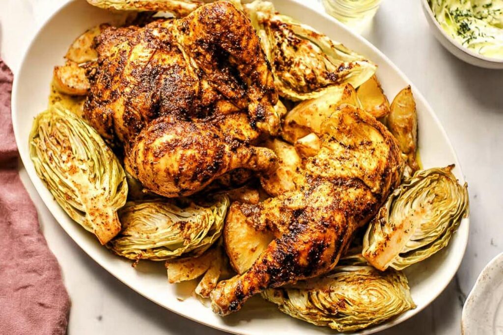 Spice Rubbed Roasted Chicken and Cabbage Recipe - abbysrecipes.com